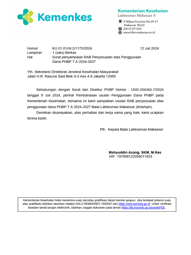 Surat Penyampaian RAB Penyesuaian Atas Penggunaan Dana PNBP TA 2024 ...