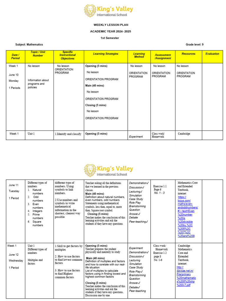 LESSON PLAN - GR.8, (Week 1) | PDF | Lesson Plan | Mathematics