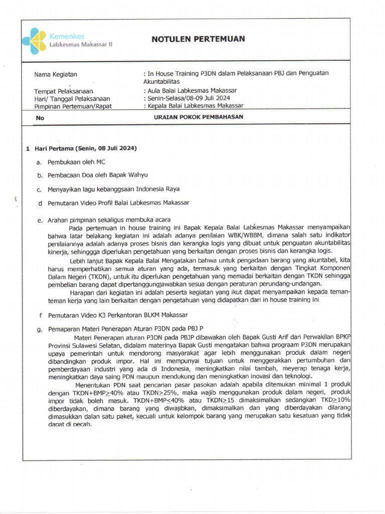 Notulen Pertemuan IHT P3DN Dalam Pelaksanaan PBJ Dan Penguatan Akuntabilitas | PDF