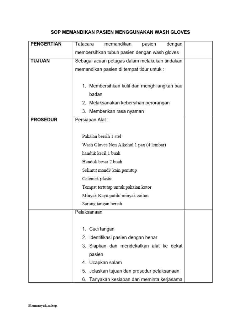 Sop Memandikan Pasien Menggunakan Wash Gloves | PDF | Pengembangan Diri ...