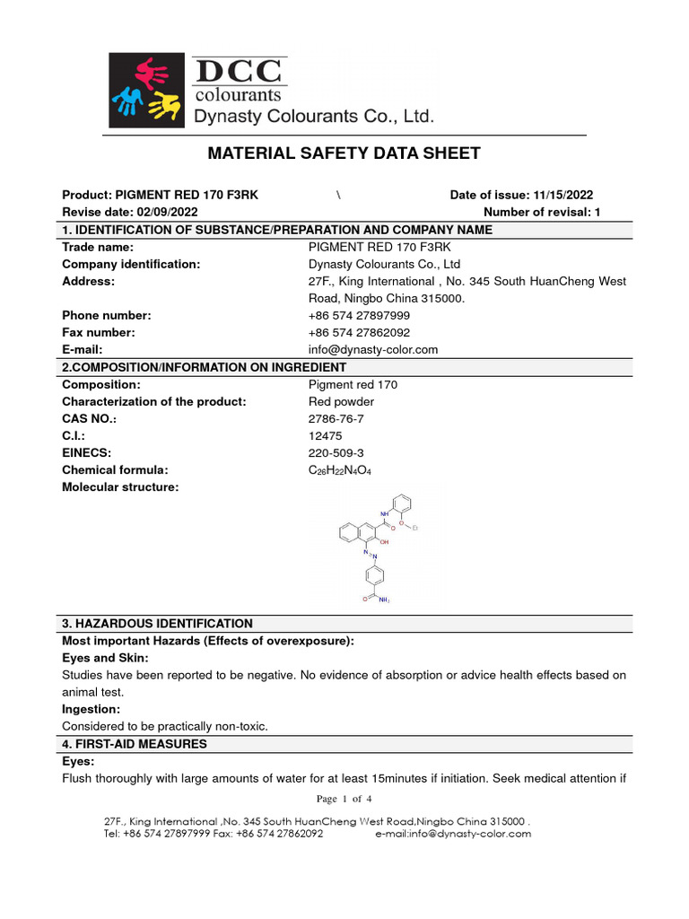 Pigment Red 170 F3RK Safety Data Sheet | PDF | Personal Protective ...