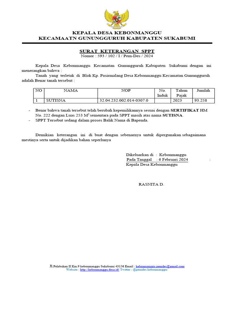 Keterangan SPPT PBB Desa Kebonmanggu | PDF