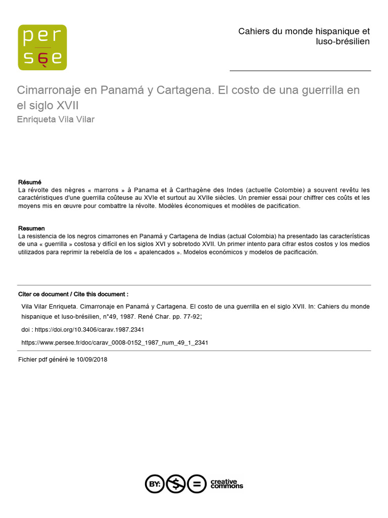 Cimarronaje en Panamá y Cartagena - El Costo de Una Guerrilla en | PDF ...