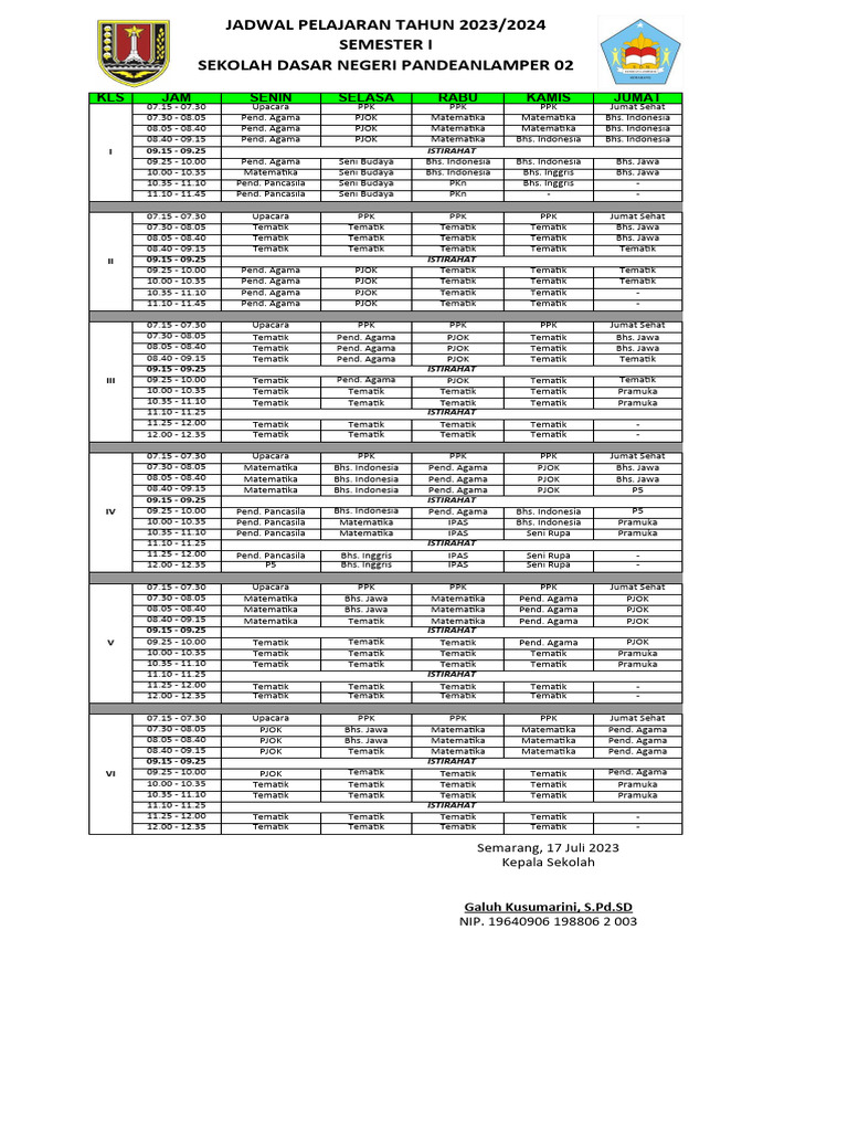 Jadwal Kelas 1-6 2023 | PDF