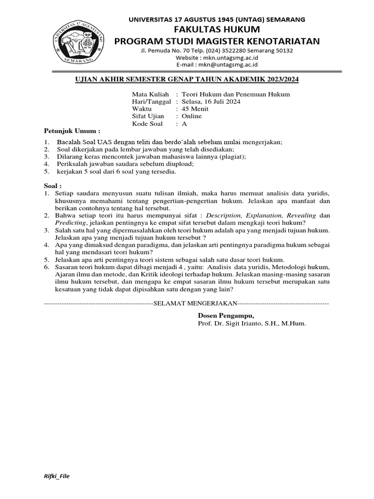 Soal Teori Hukum Dan Penemuan Hukum (Prof. Sigit) | PDF | Komputer