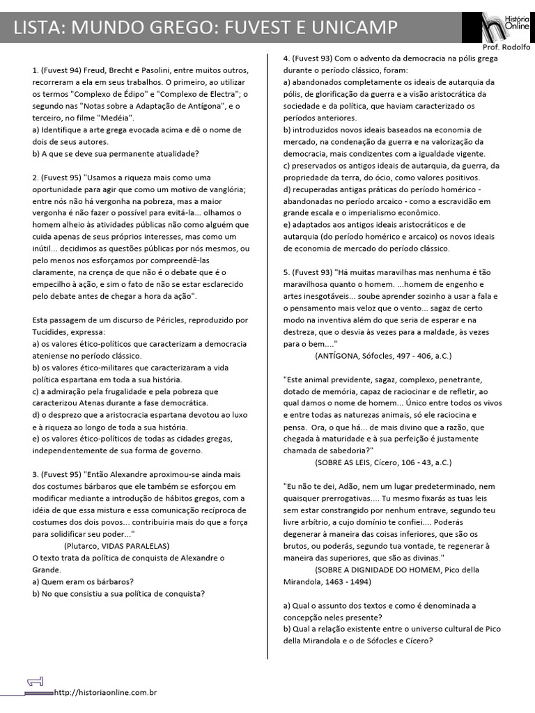 Lista Grecia Fuvest e Unicamp | PDF | Grécia Antiga | Grécia