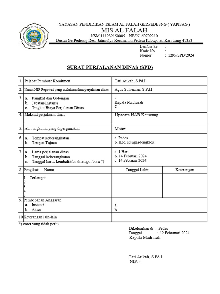 Surat Perjalanan Dinas SPD | PDF
