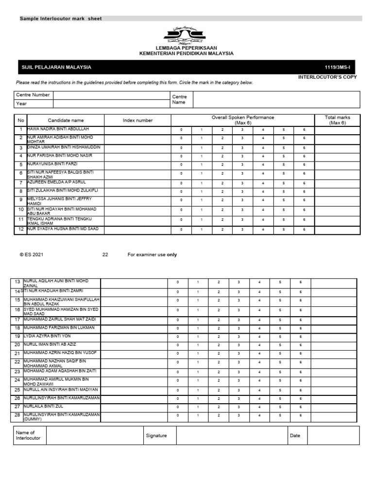 Sample Interlocutor Mark Sheet | PDF | Malaysia