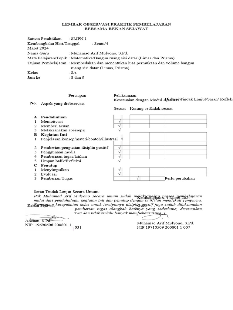Lembar Observasi Rekan Sejawat - M. Arif Mulyono | PDF