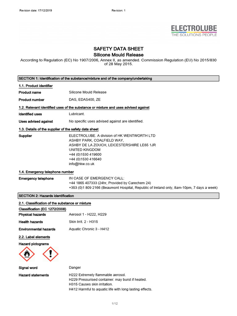 MSDS Silicone Mould Release PDF Safety Chemistry
