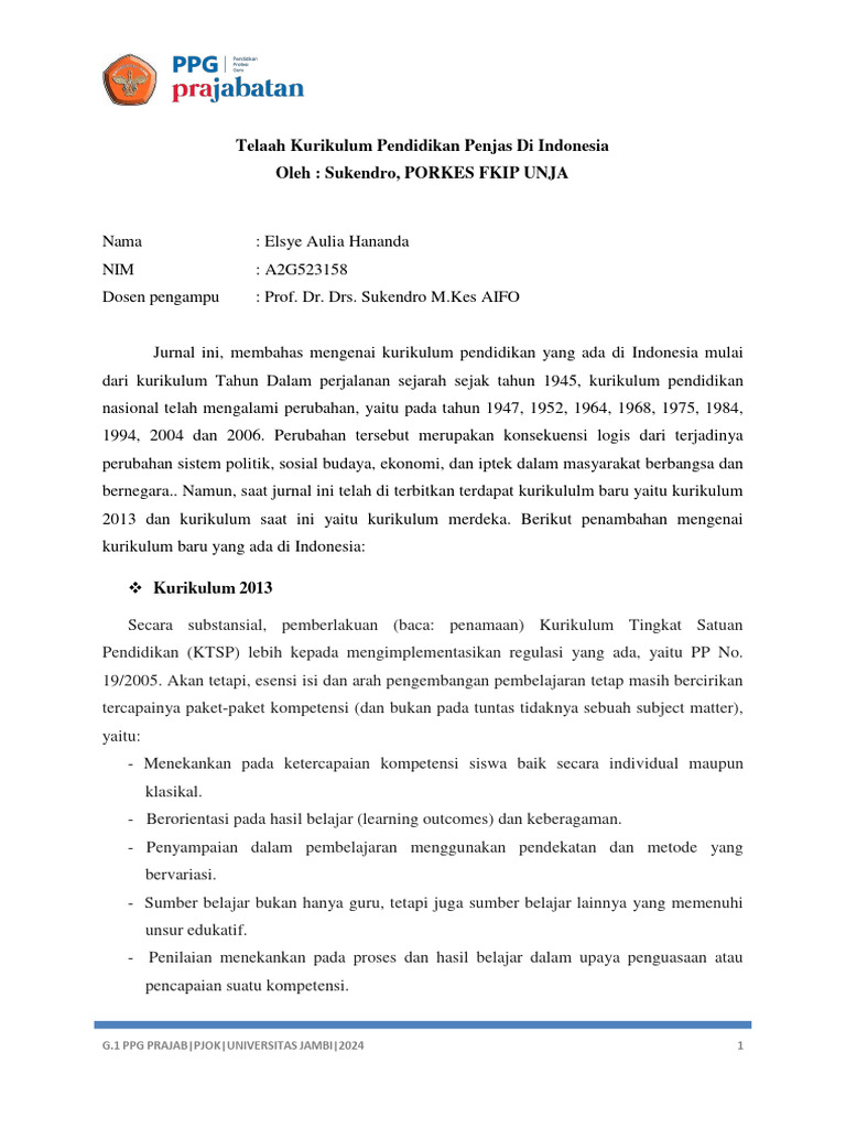 Menelaah Kurikulum - Elsye Aulia Hananda - A2G523158 | PDF