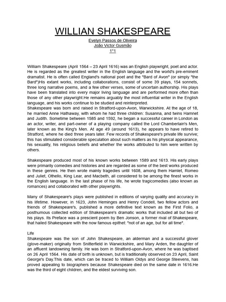 Wilian Shakespeare - Artigo | PDF | William Shakespeare | Shakespeare's ...