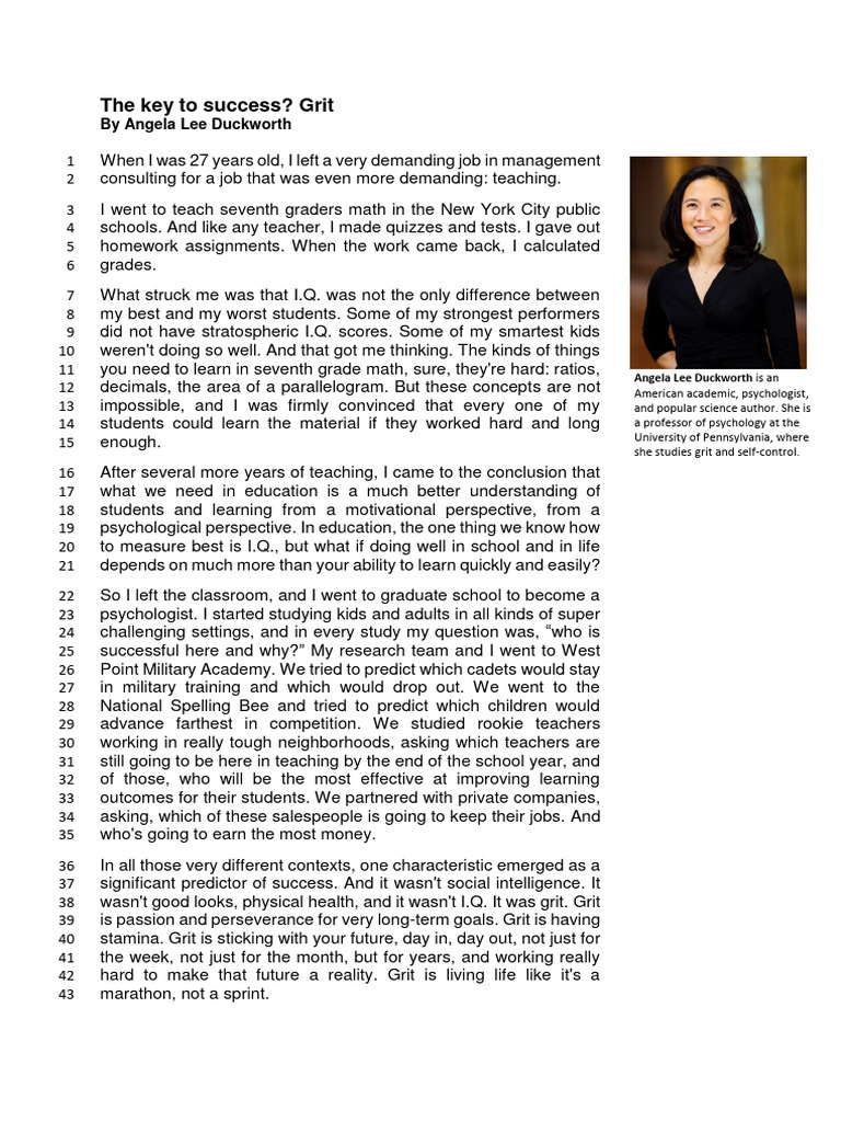 01 - Reading - The Key To Success, Grit - Angela Lee Duckworth | PDF ...