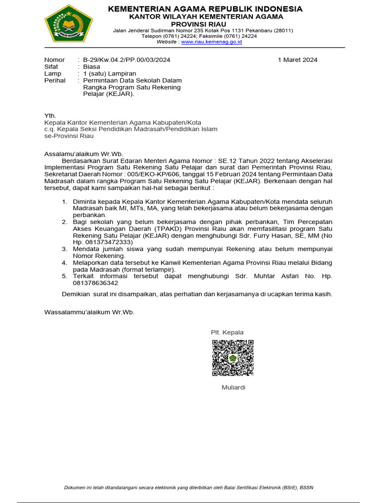 Permintaan Data Madrasah untuk KEJAR | PDF