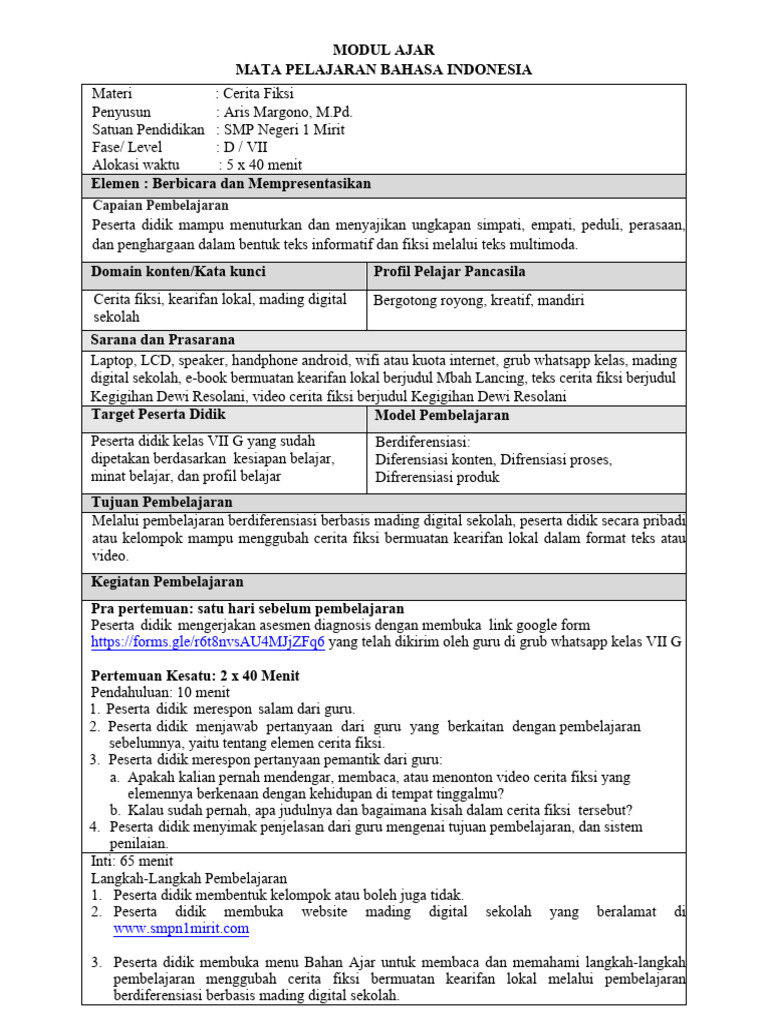 Modul Ajar Menggubah Cerita Fiksi | PDF