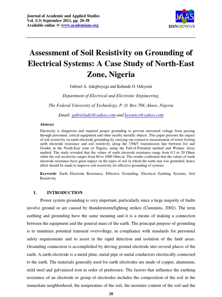 Assessment of Soil Resistivity On Grounding of Electrical Systems: A Case Study of North-East ...