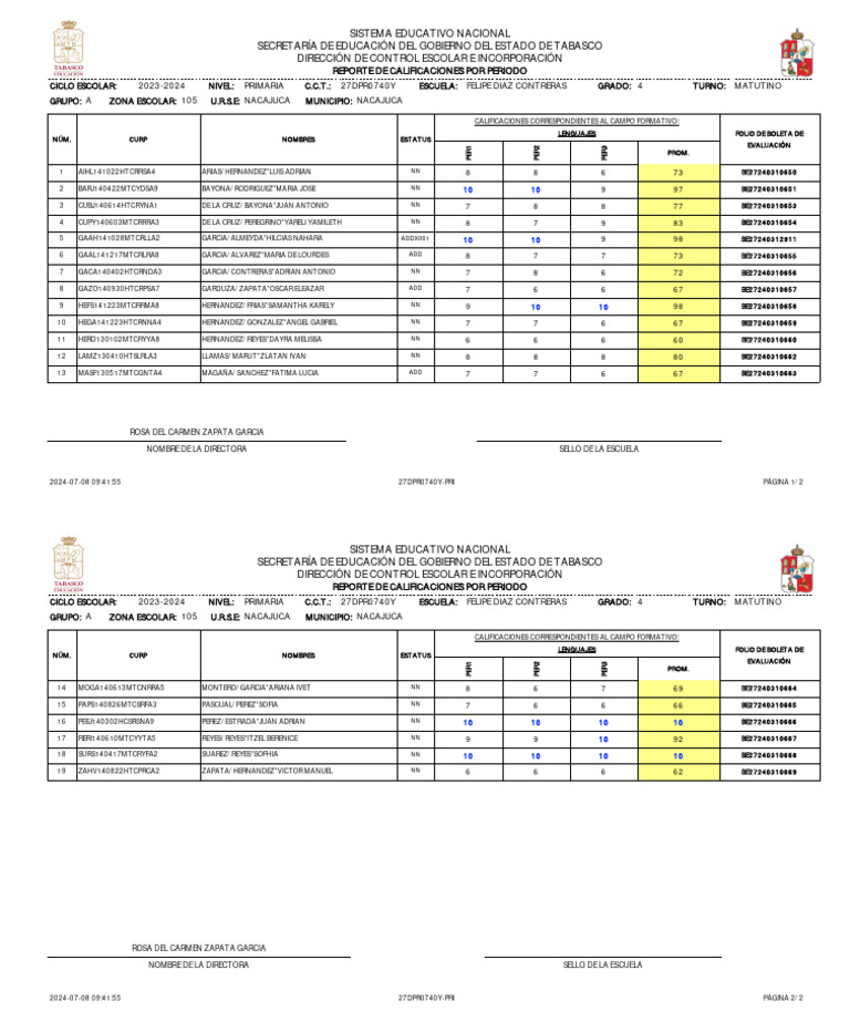 Reporte de Calificaciones Lenguajes 2023 Pri 27dpr0740y 4 NN | PDF