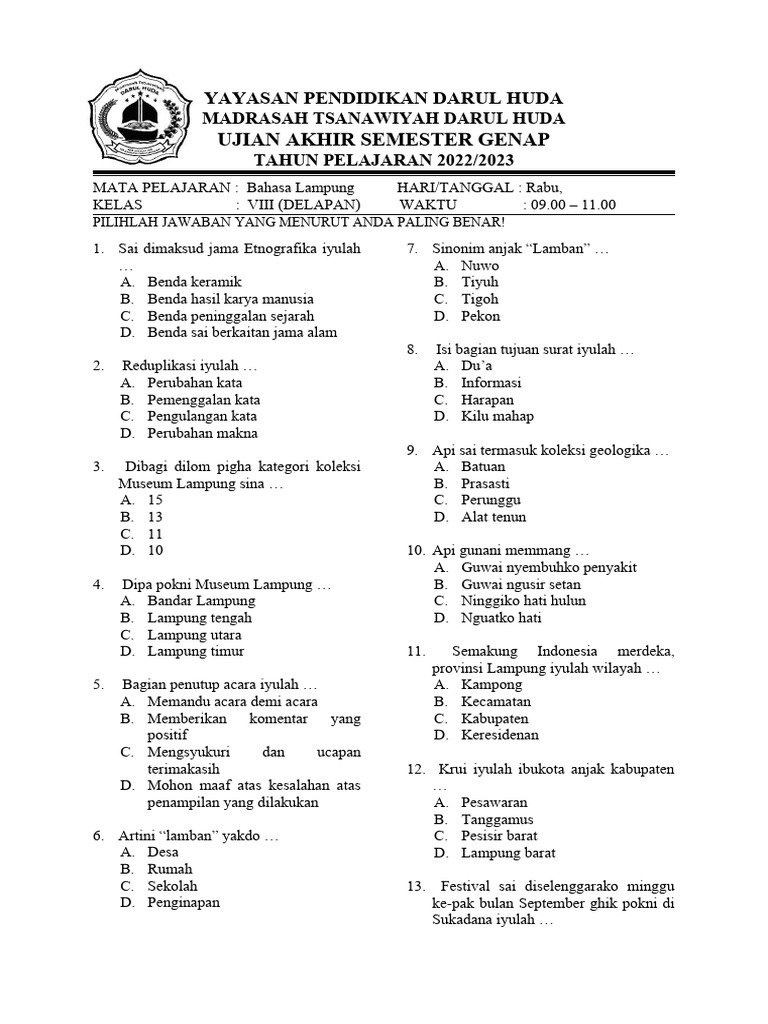 Ujian Bahasa Lampung Kelas VIII 2023 | PDF
