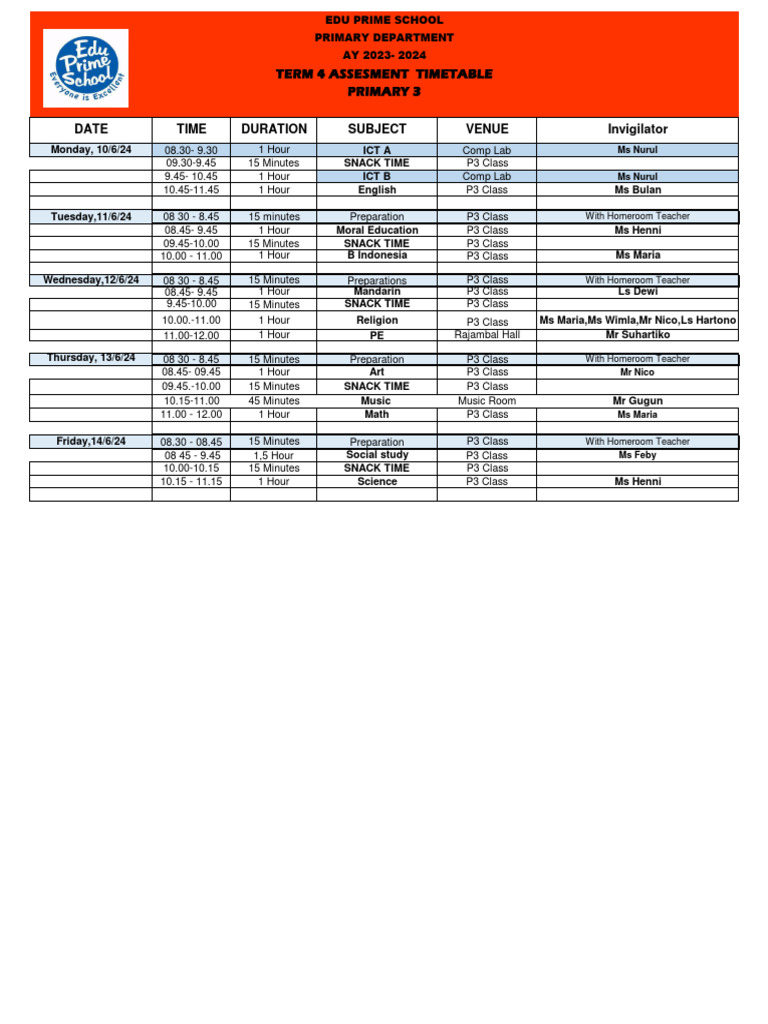 P3 Term 4 Assessment Schedule | PDF | Schools | Educational Institutions