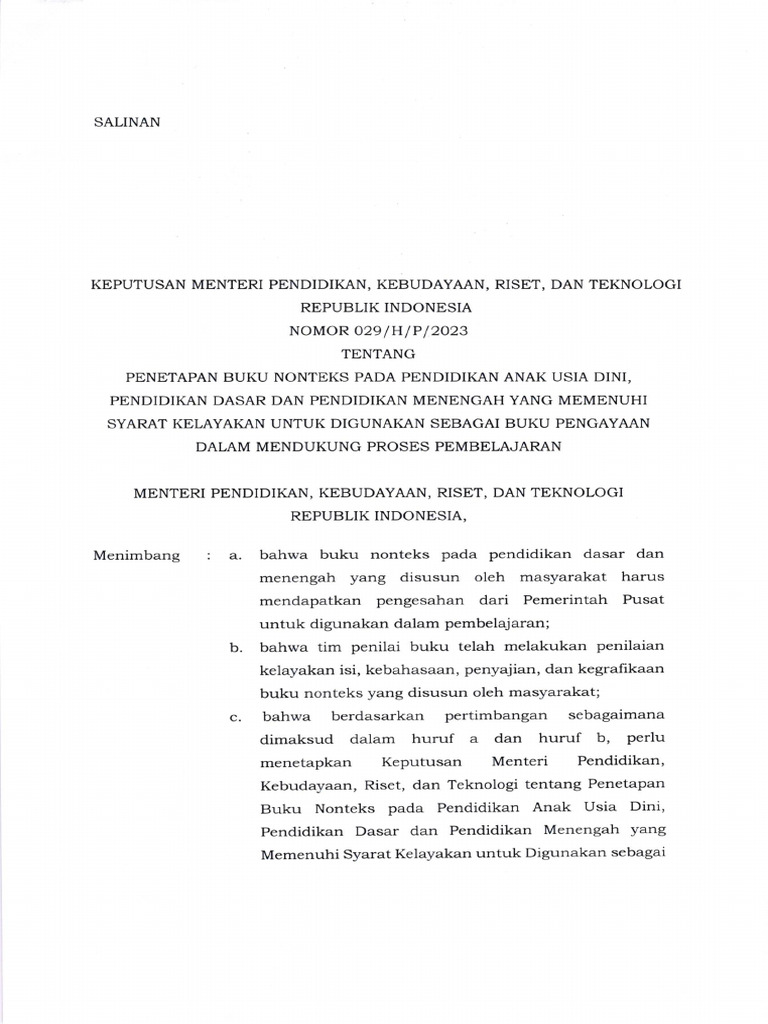 Salinan Kepmen 029 - H - P - 2023 Tentang Penetapan BNT Pada PAUD, Pendidikan Dasar Dan ...