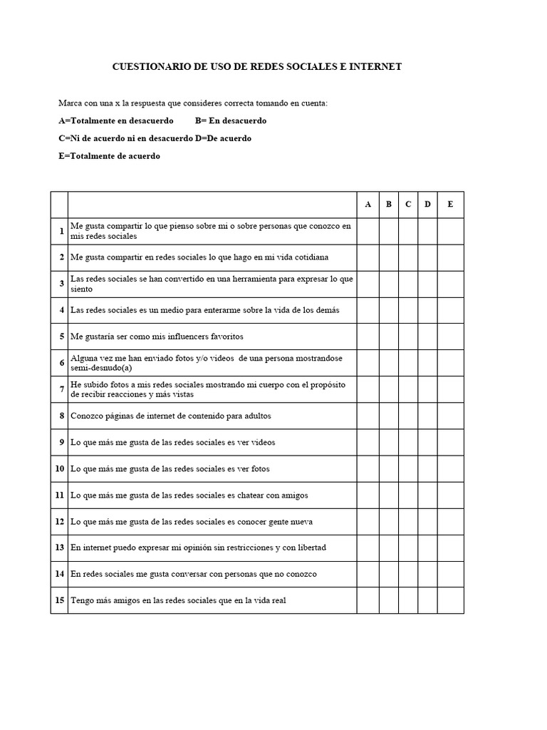 Cuestionario de Uso de Redes Sociales e Internet | PDF | Cultura popular y estudios de los ...