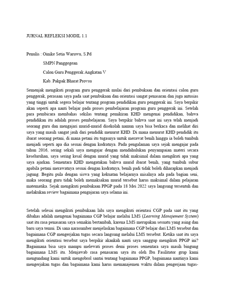 JURNAL REFLEKSI MODIL 1.1 Oinike Setia Waruwu | PDF