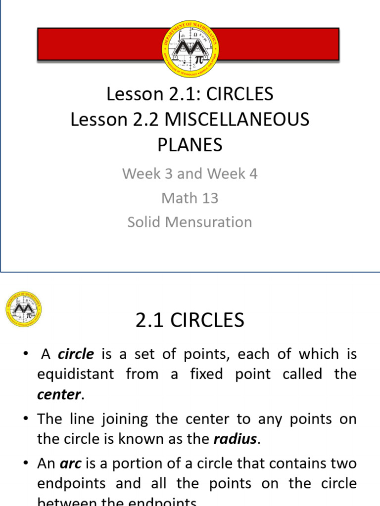 Lesson 2.1: CIRCLES Lesson 2.2 MISCELLANEOUS Planes: Week 3 and Week 4 ...