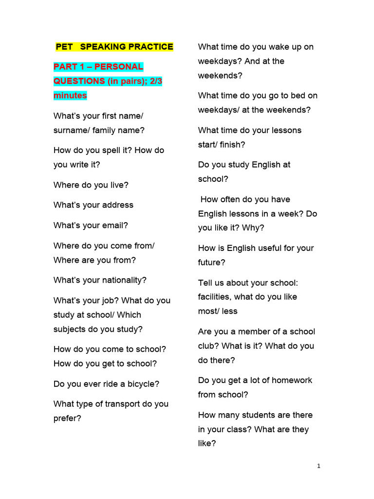 PET Part 1 Personal Questions | PDF | Lunch