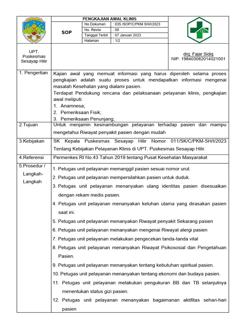 Sop Pengkajian Awal Klinis | PDF | Pengembangan Diri | Kesehatan Holistik