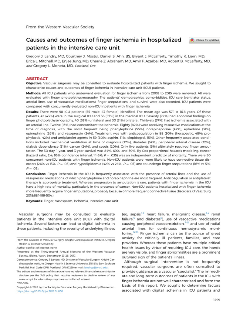 Causes and Outcomes of Finger Ischemia in Hospitalized 2018 Journal of ...