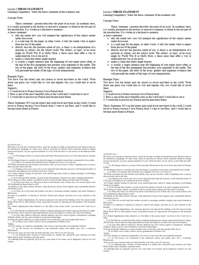 Lesson 4 THESIS STATEMENT | PDF | Question | Essays