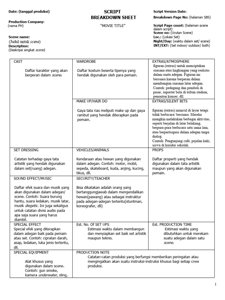 Contoh Scene Breakdown Sheet 1 | PDF
