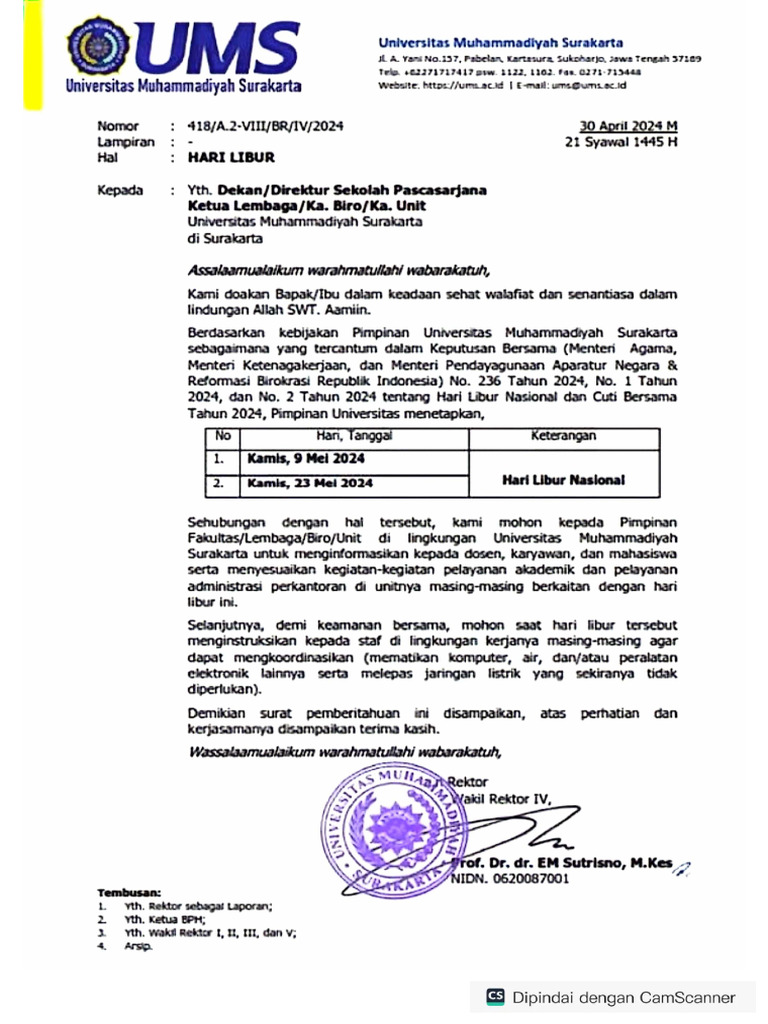 Surat Pemberitahuan Hari Libur Ums | PDF