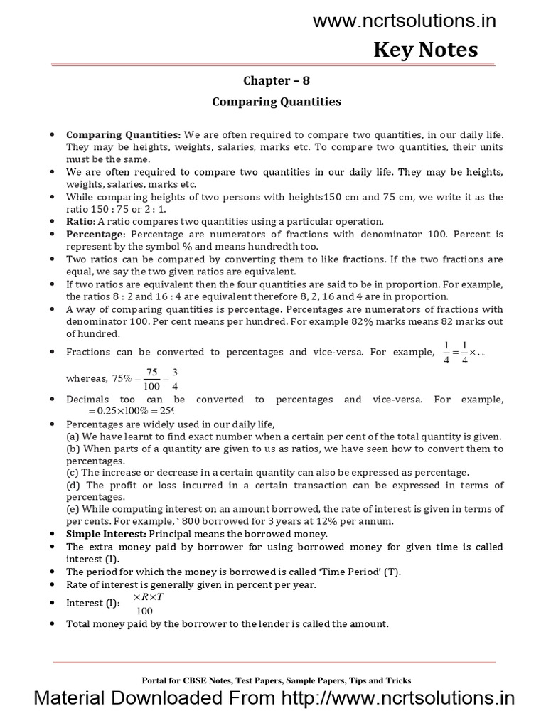 07 Maths Key Notes ch8 Comparing Quantities | PDF | Percentage | Ratio
