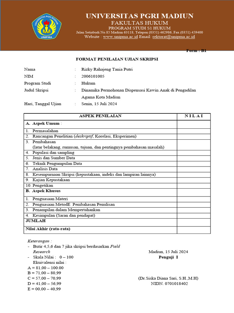 Form B1 - B3 (Penilaian Skripsi) Rangkap 3 FH | PDF | Komputer