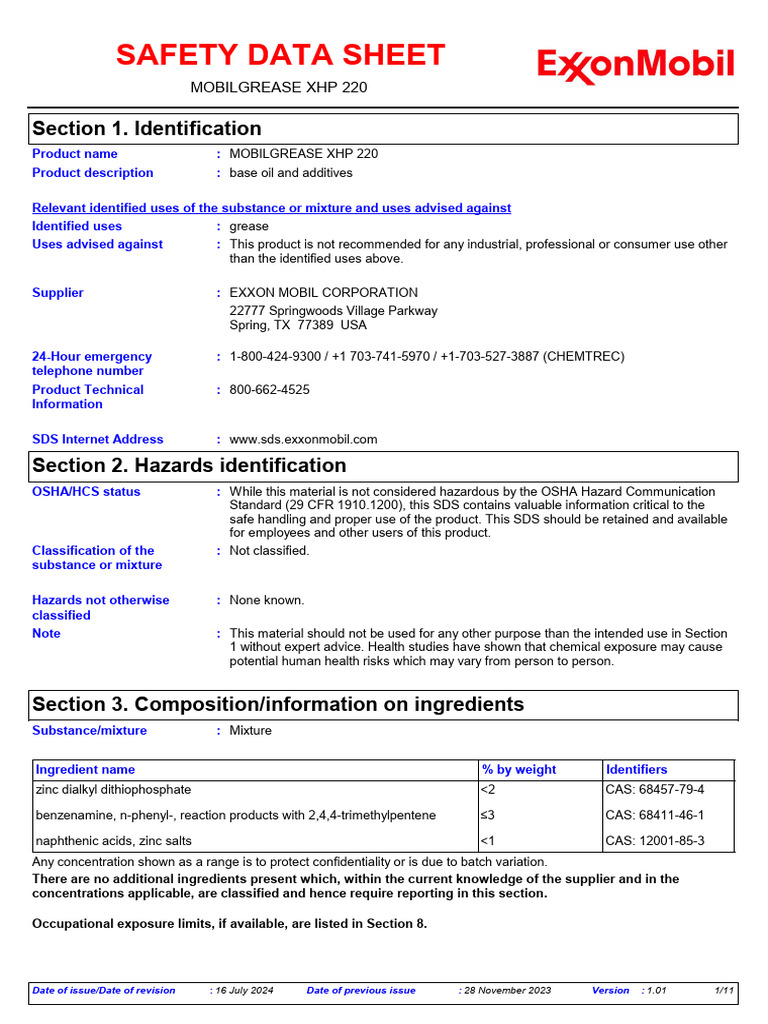 MOBILGREASE XHP 220 (MSDS) | PDF | Chemistry | Materials