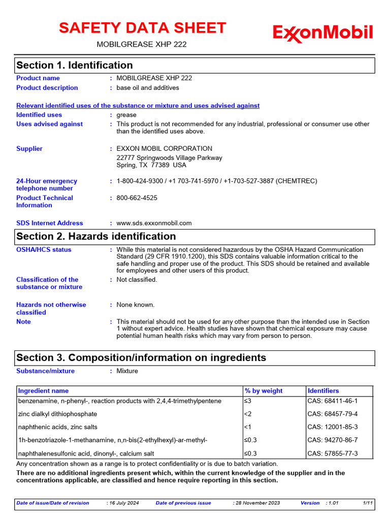 Mobilgrease XHP 222 (MSDS) | PDF | Chemistry | Materials