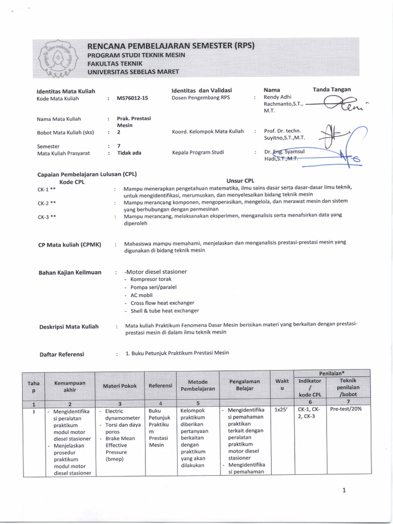 RPS MK Praktikum Prestasi Mesin SMT 7 | PDF