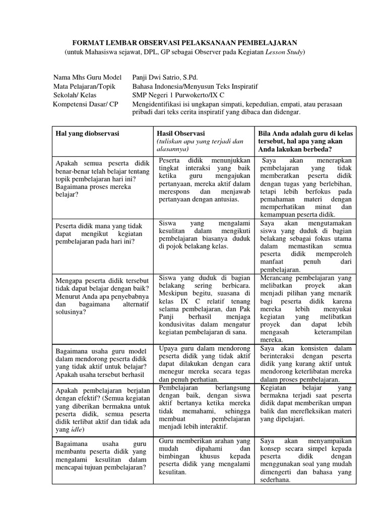 Umam Hudaya - Sik 3 - Lembar Observasi Pelaksanaan Pembelajaran Untuk Observer | PDF