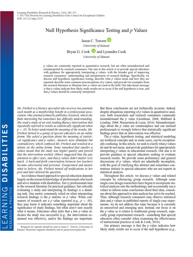 Null Hypothesis Significance Testing and P Values - Travers, J. C ...