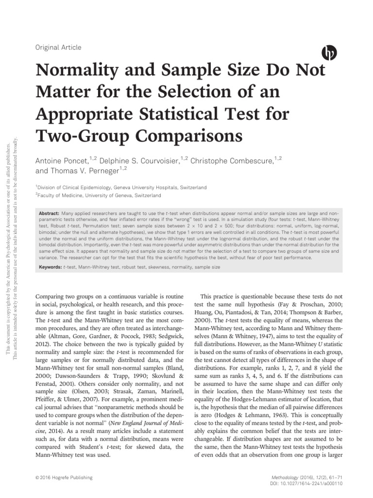 Normality and Sample Size Appropriate Statistical Test For Two-Group ...
