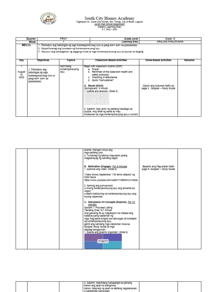 Weekly Learning Plan - Grade 10 | PDF