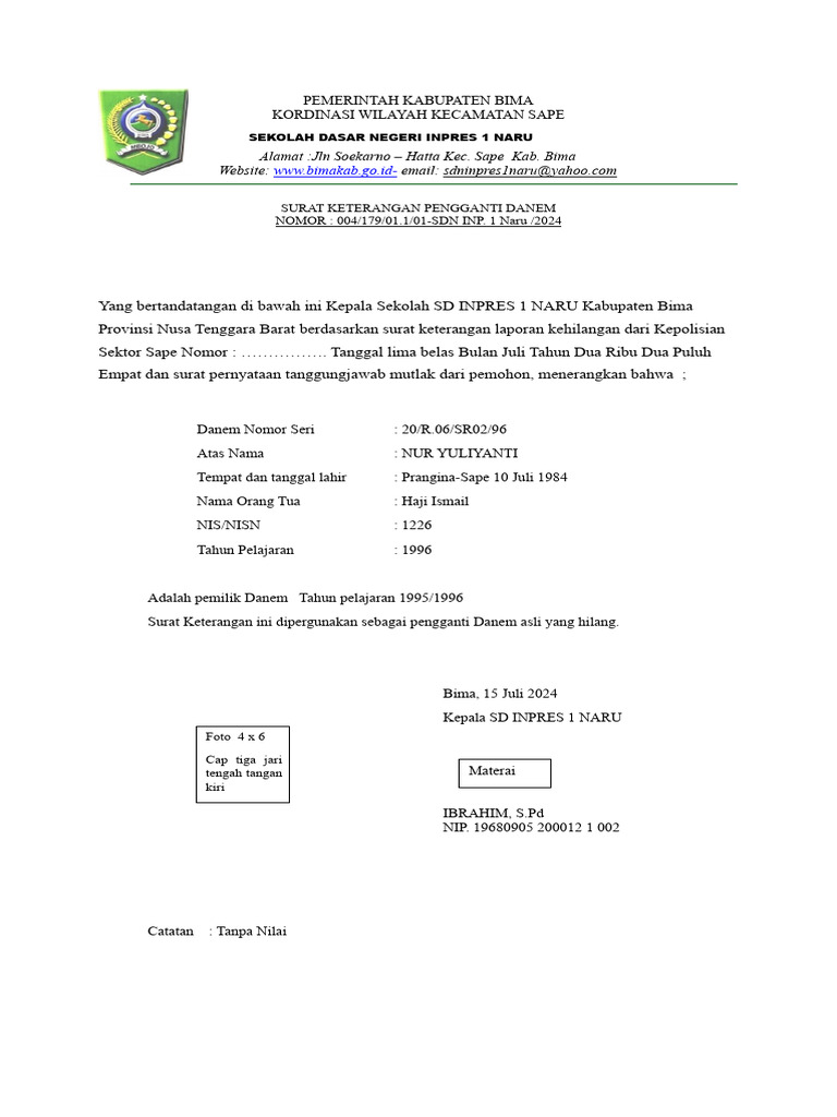 Surat Kehilangan Pengganti Danem | PDF