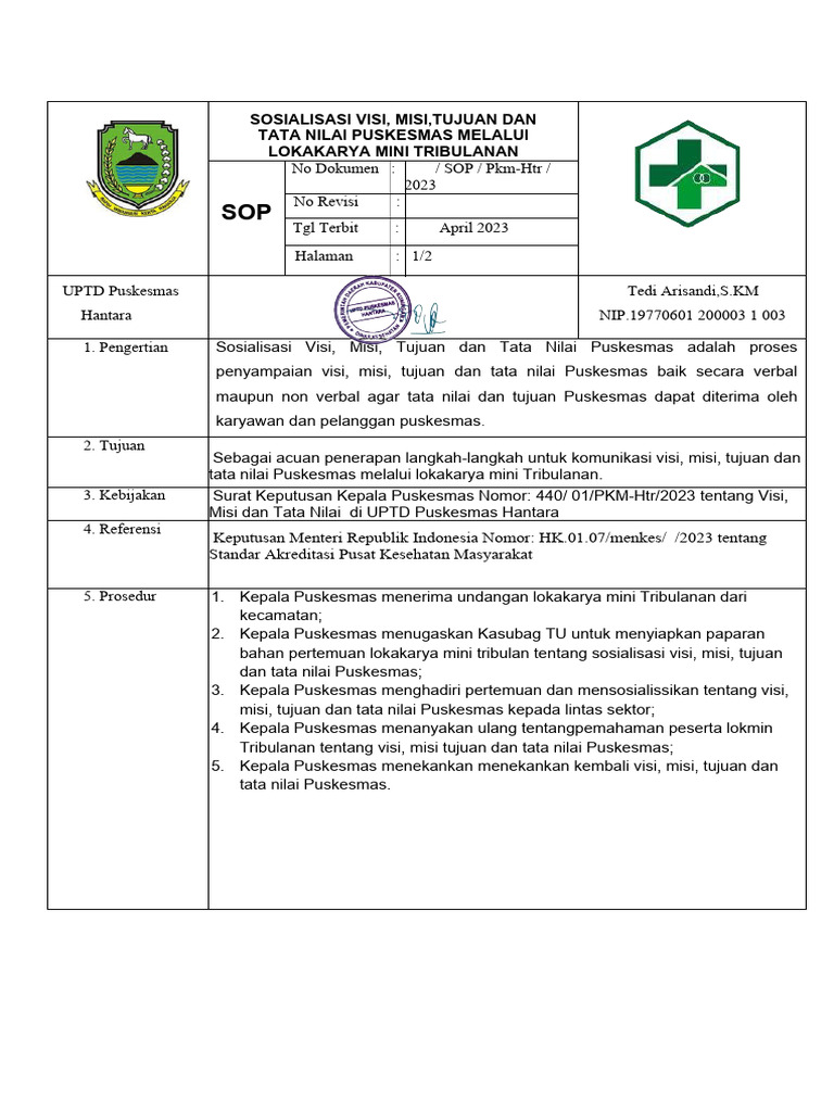 Sop Sosialisasi Visi Misi Melalui Loktri | PDF
