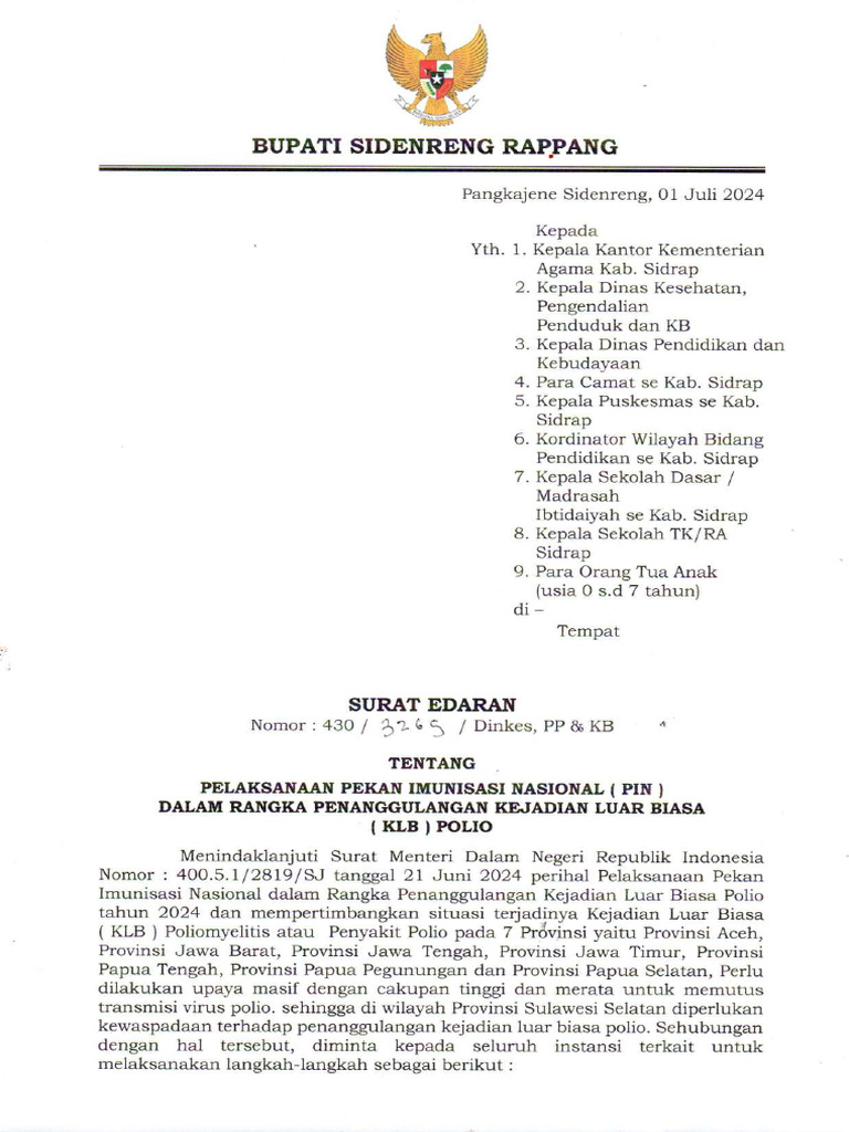 Surat Edaran Bupati Sidrap Pelaksanaan Pin | PDF