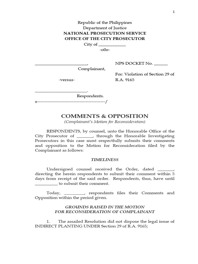 Comment and Opposition On Motion For Reconsideration Drug Case | PDF | Prosecutor | Probable Cause