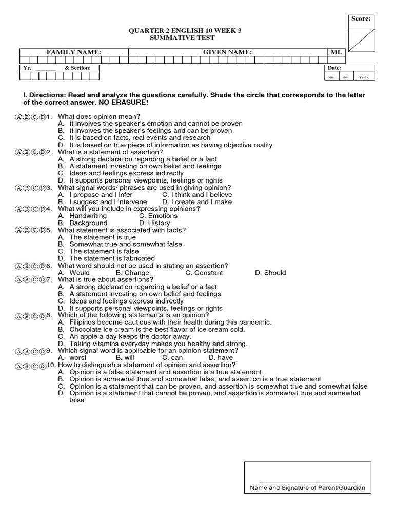 English 10 Q2 Week 3 Test: Opinions & Assertions | PDF | Cognition ...
