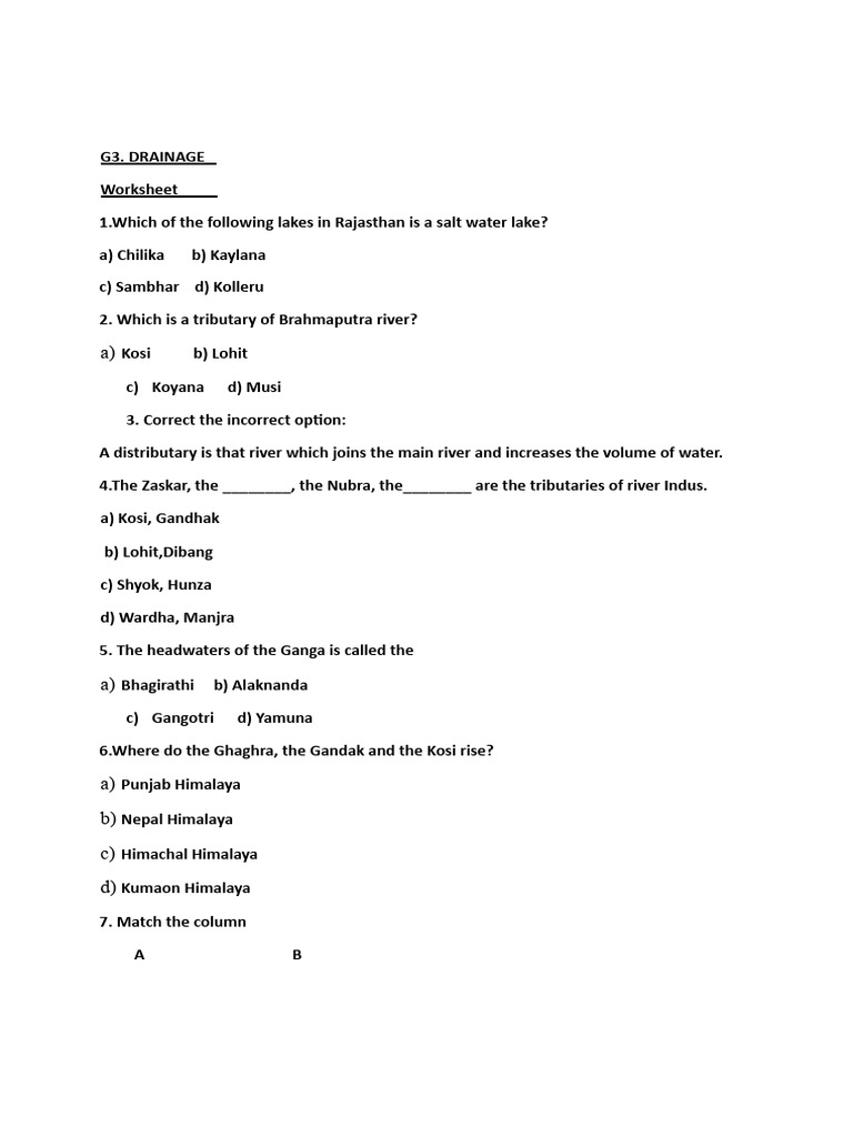 9, G3 DRAINAGE WORKSHEET & ASSIGNMENT | PDF | Indus River | Environmental Science