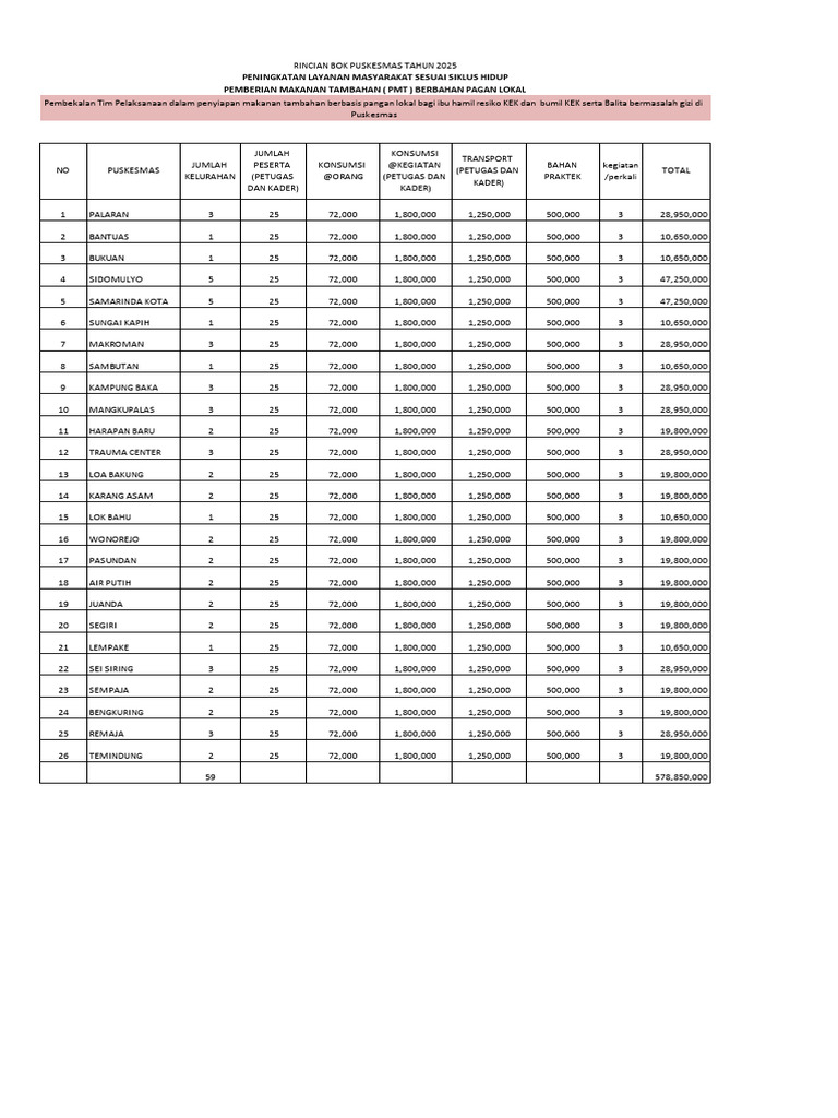 Rincian Kegiatan BOK PKM GIZIKIA 2025 | PDF