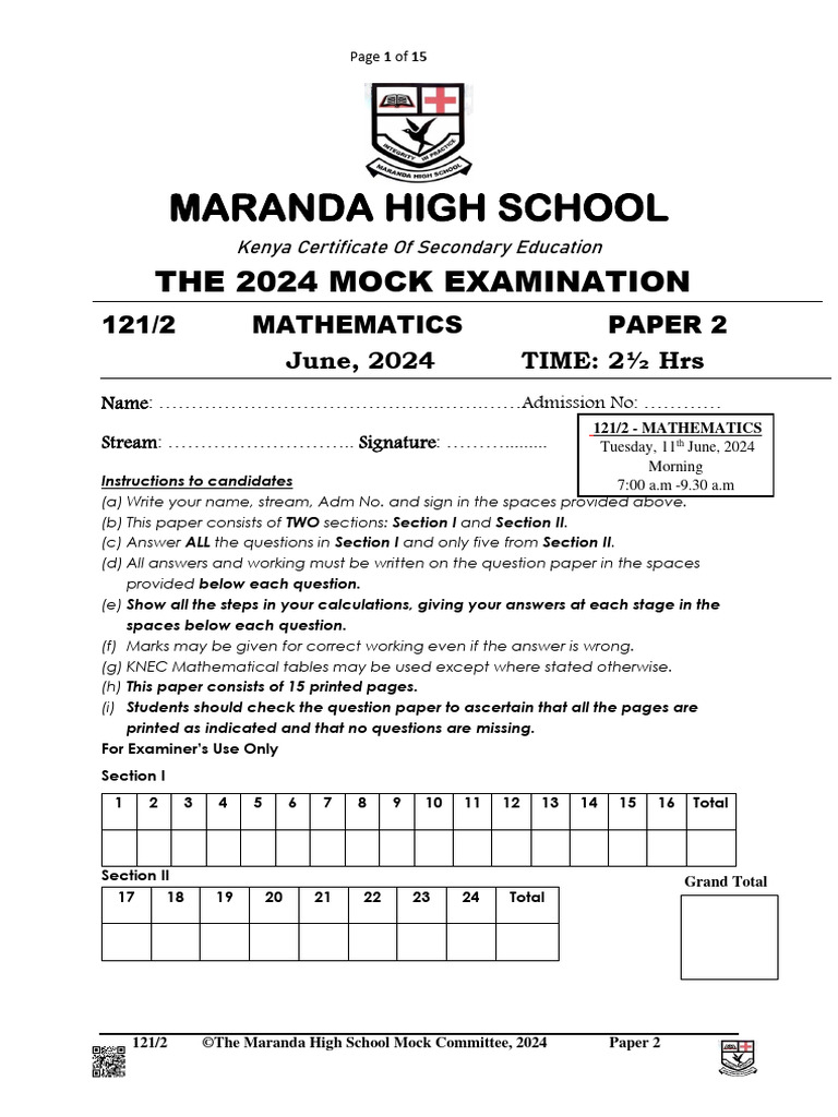 Maranda Mock 2024 Mathematics Paper 2 | PDF | Circle | Interest